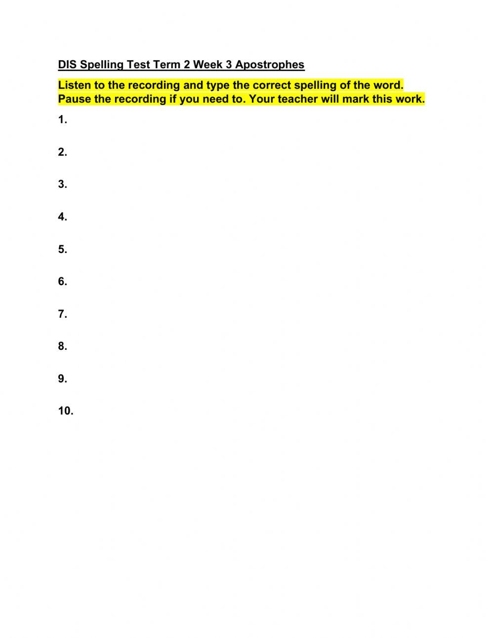 DIS Term 2 Week 3 Spelling Test Apostrophes worksheet | Live Worksheets