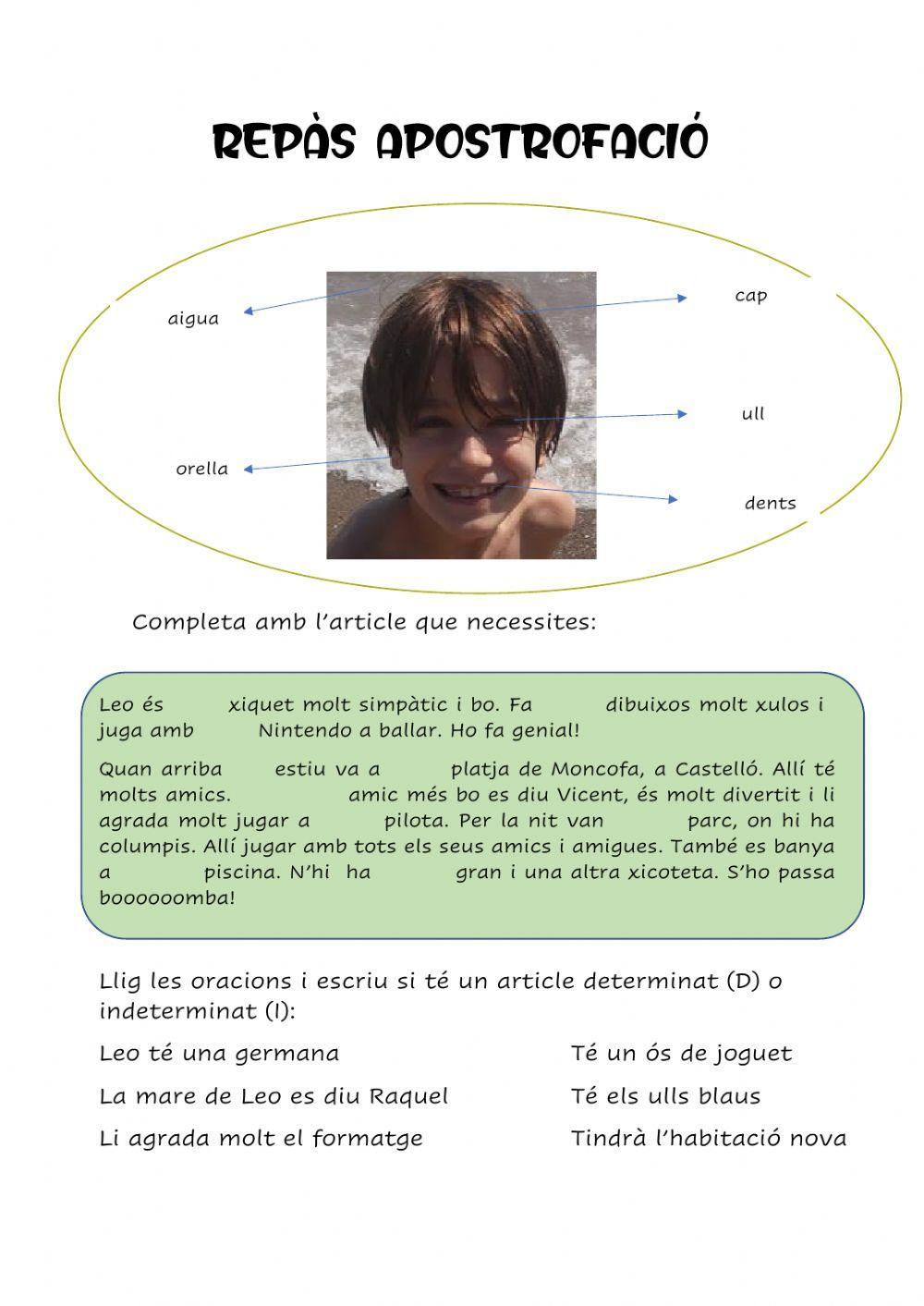 L'apòstrof exercise for 3r | Live Worksheets