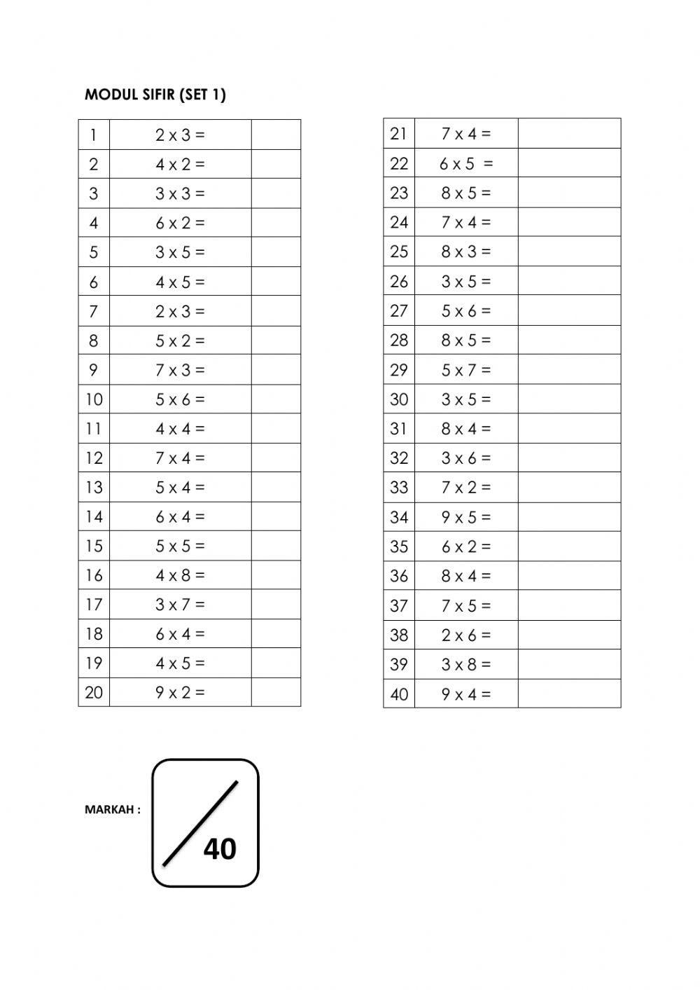 Smart sifir set 1 worksheet | Live Worksheets