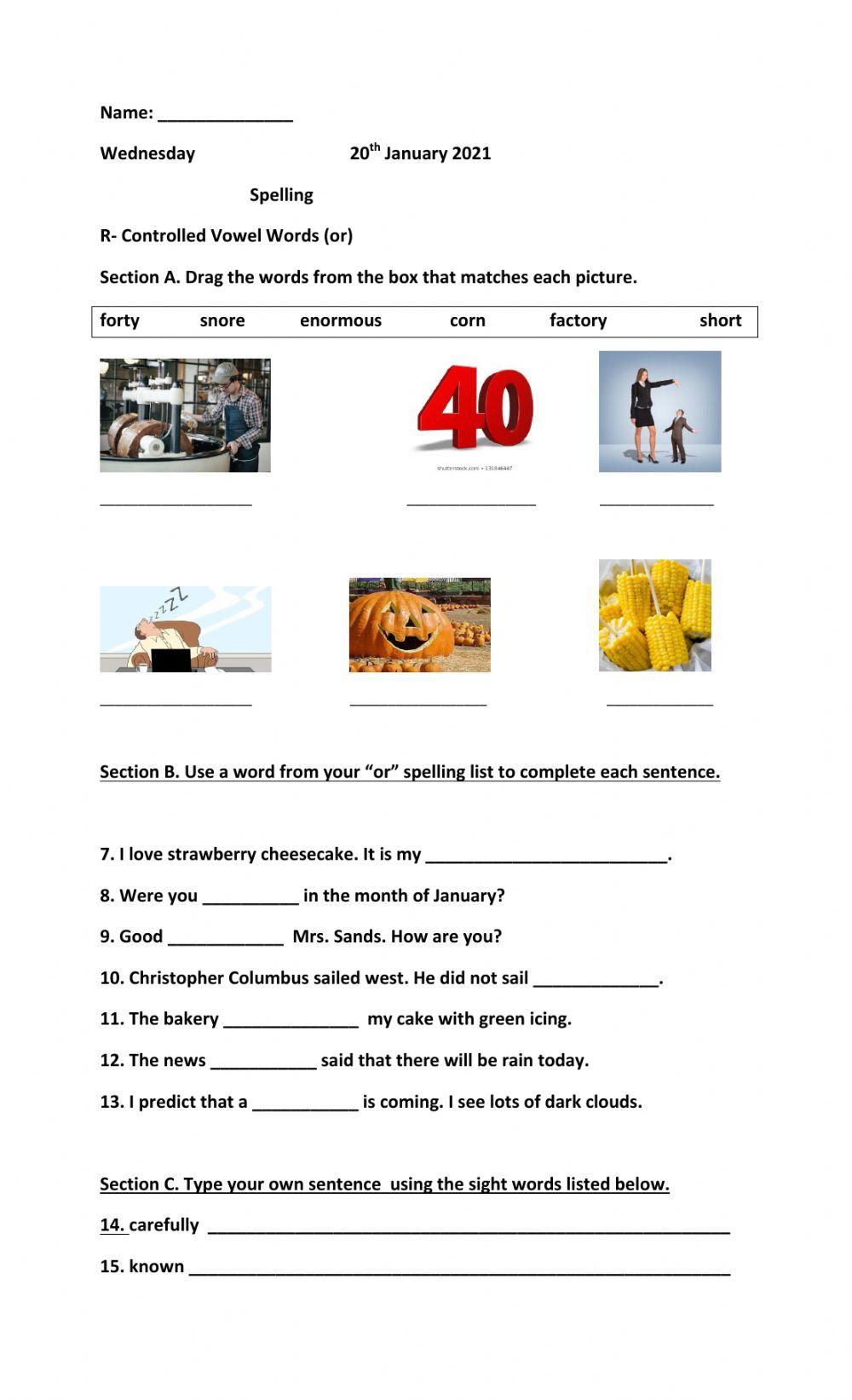 Or spelling homework worksheet | Live Worksheets