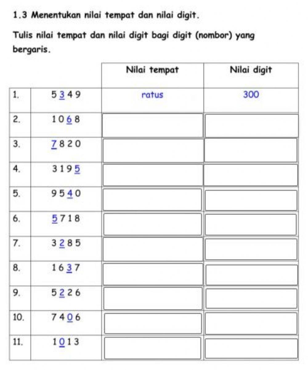 TAHUN 3 : NILAI TEMPAT - NILAI DIGIT online exercise for | Live Worksheets
