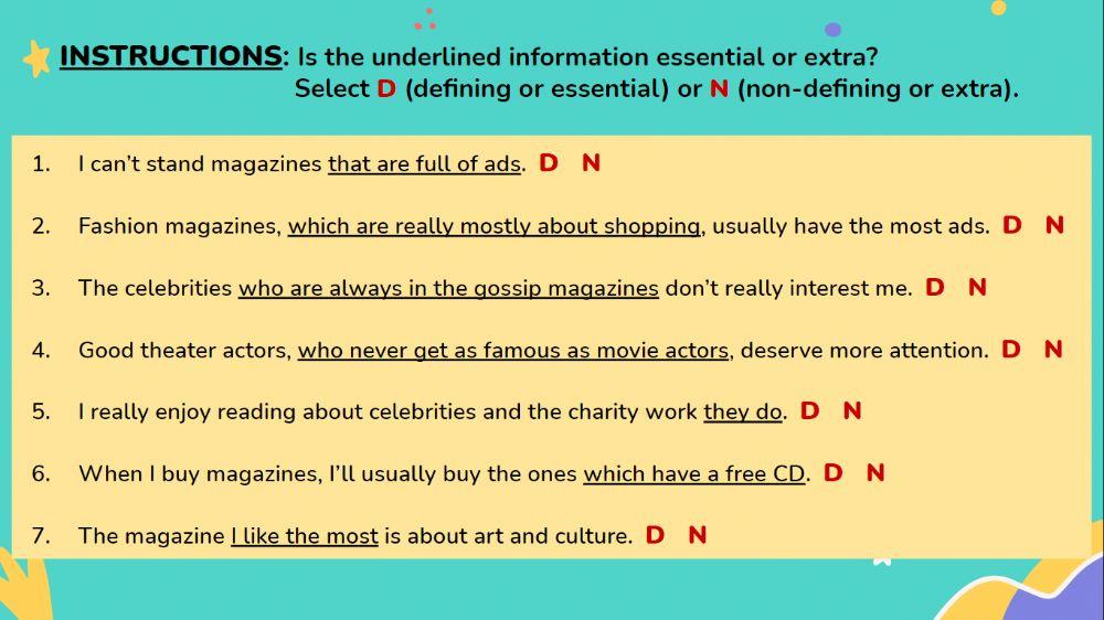 Defining and Non-defining Relative Clauses online exercise for | Live ...