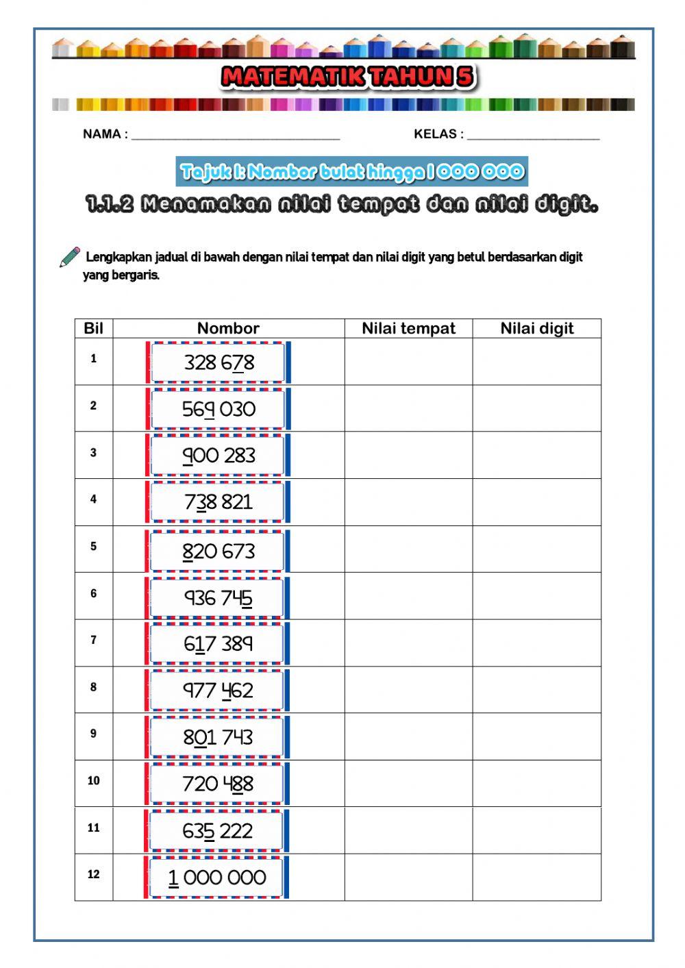 Nilai tempat dan nilai digit | Live Worksheets