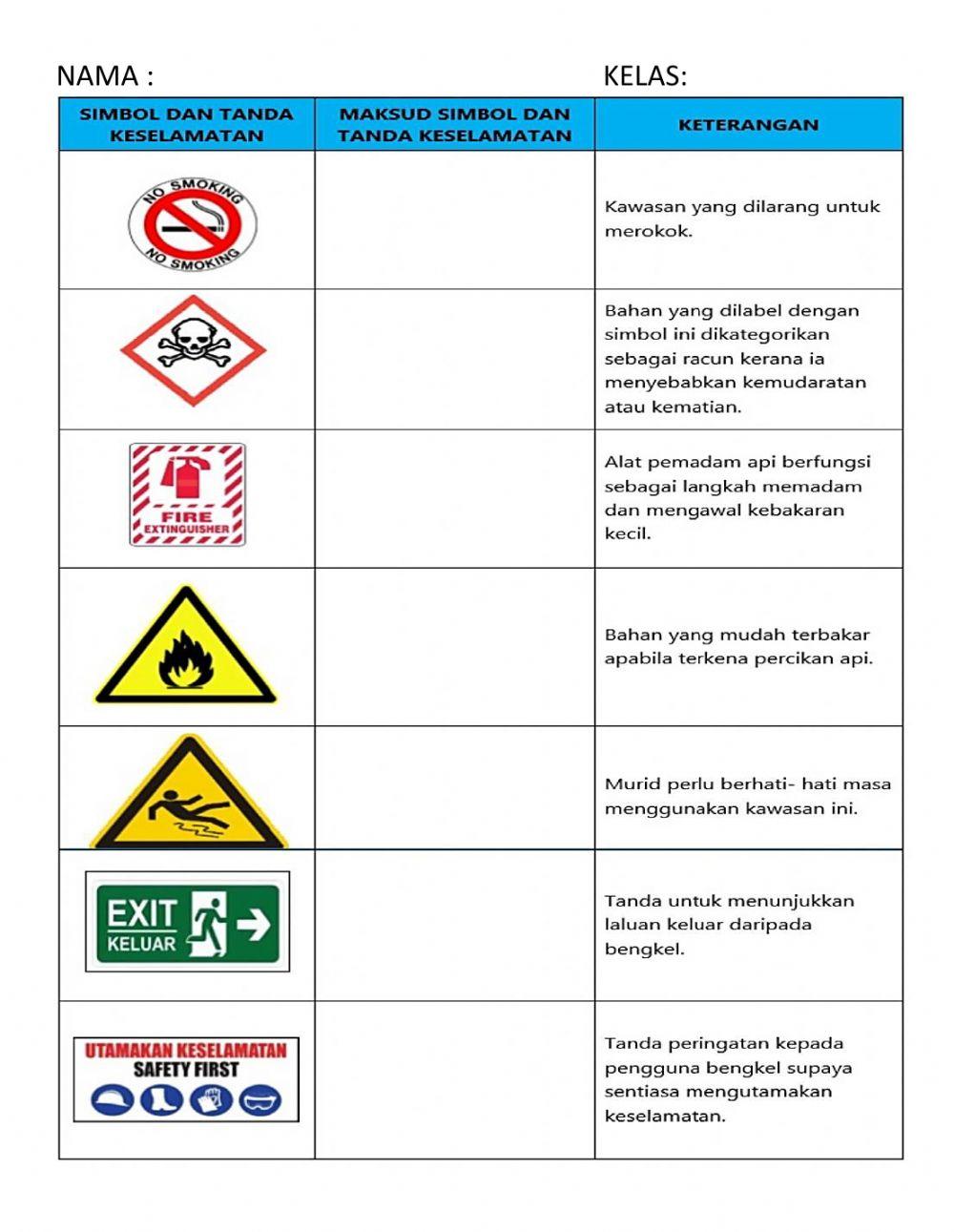 LATIHAN KESELAMATAN BENGKEL online exercise for | Live Worksheets