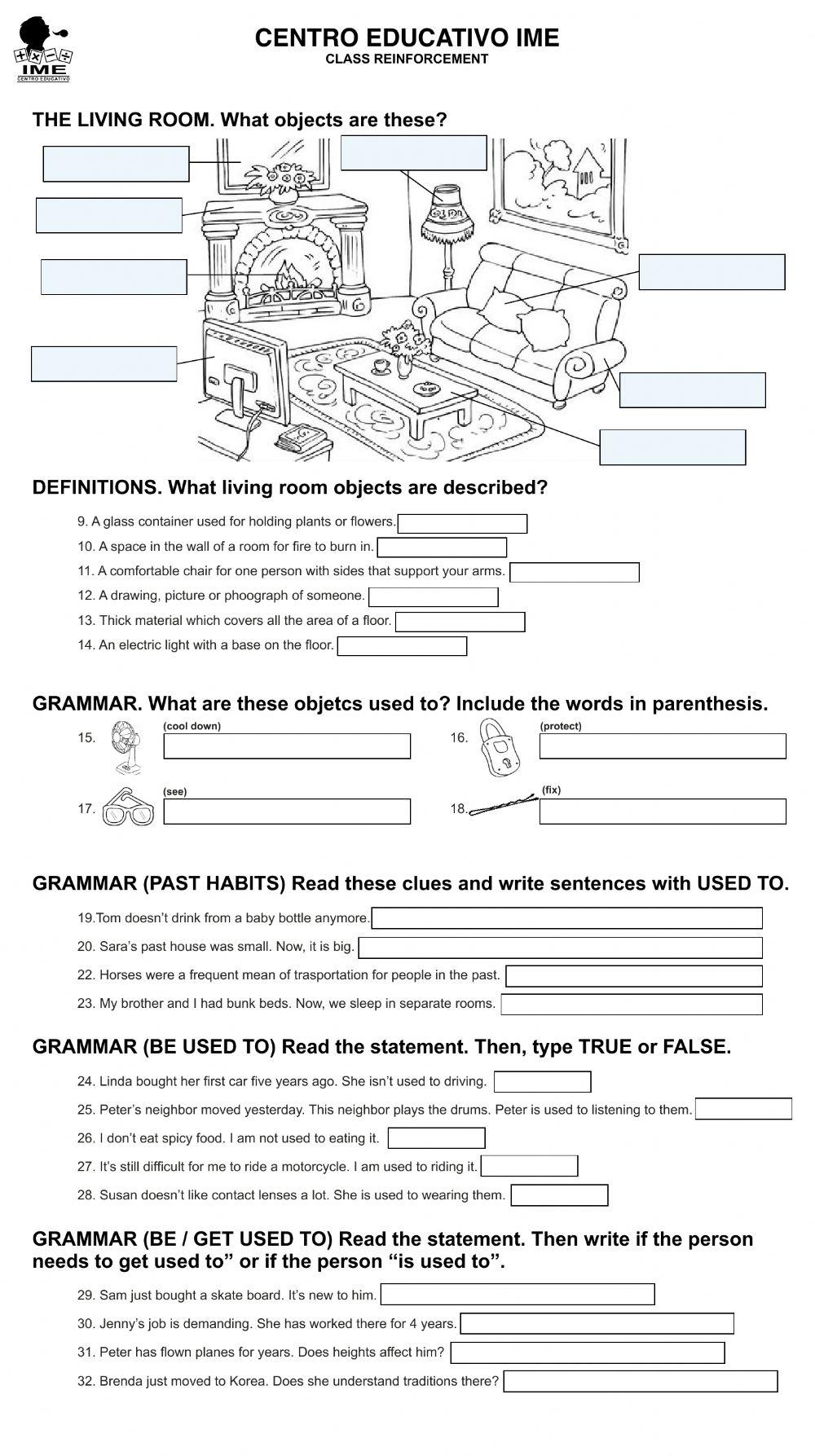 Living room, used to, be - get used to (A2) worksheet | Live Worksheets