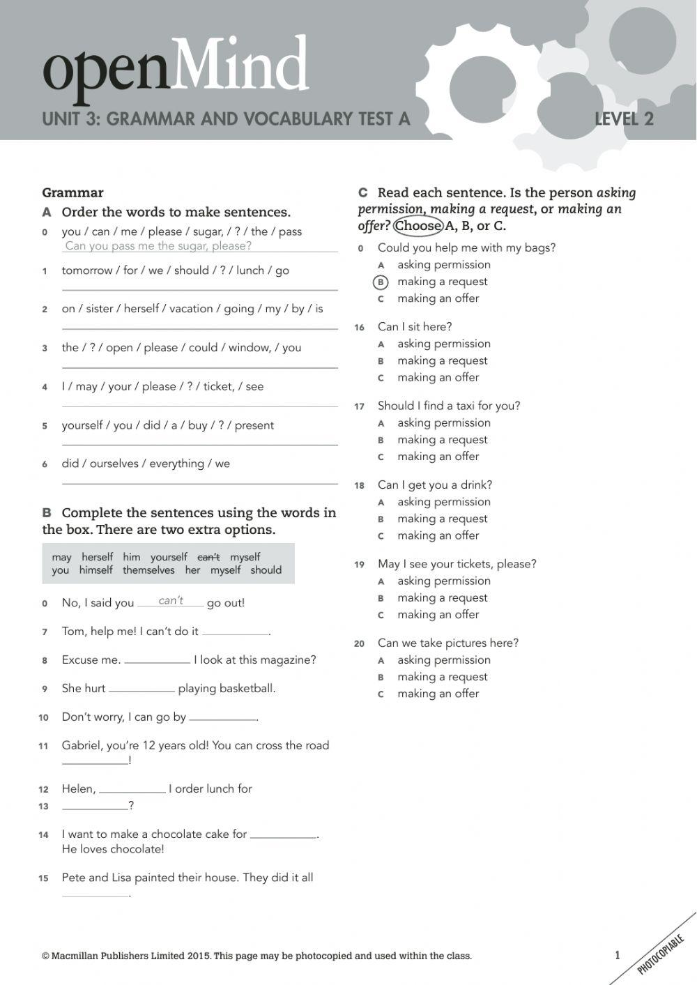 Open Mind Level 2A Unit 3 Test online exercise for | Live Worksheets