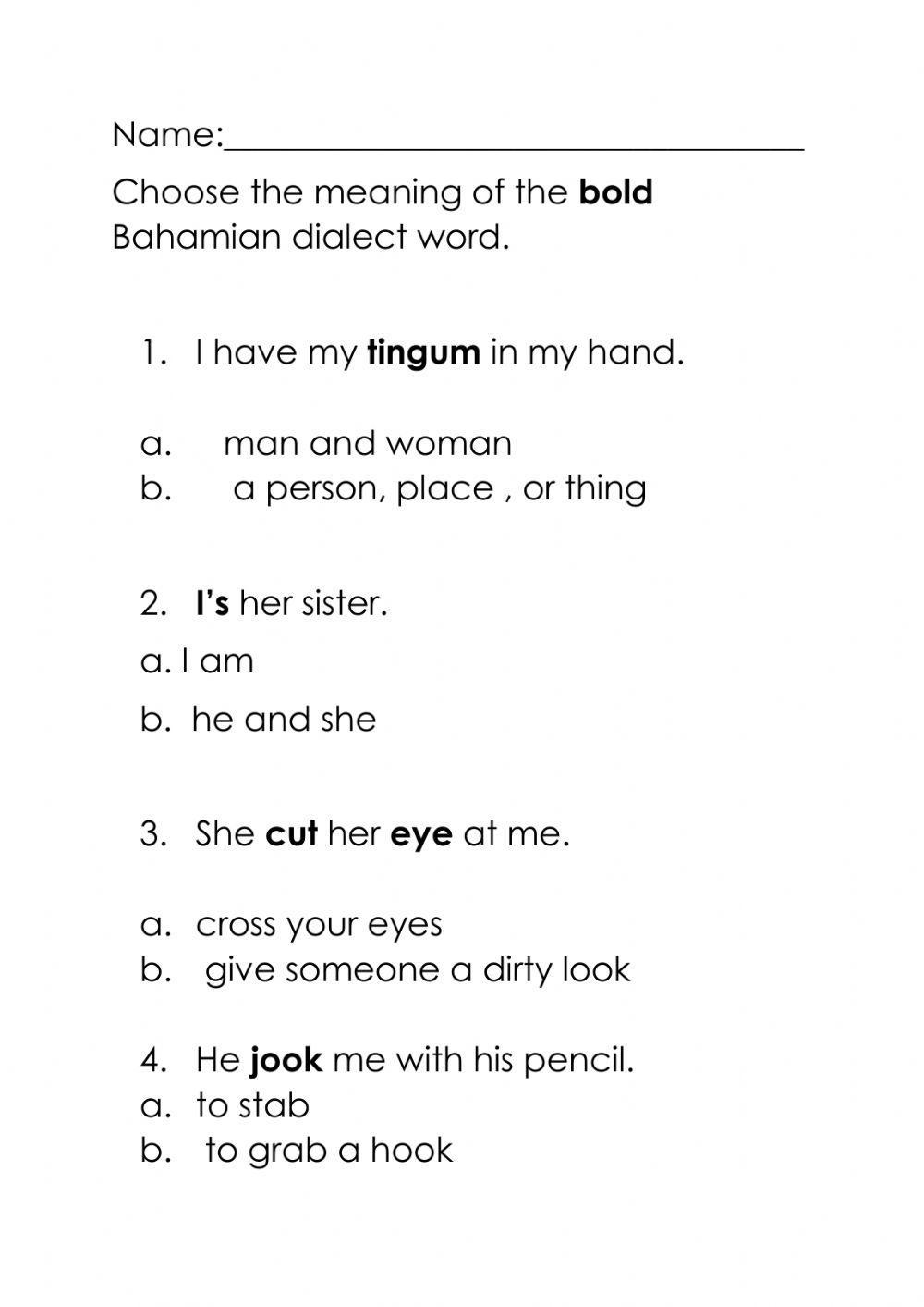 Bahamian Dialect | Free Interactive Worksheets | 654825