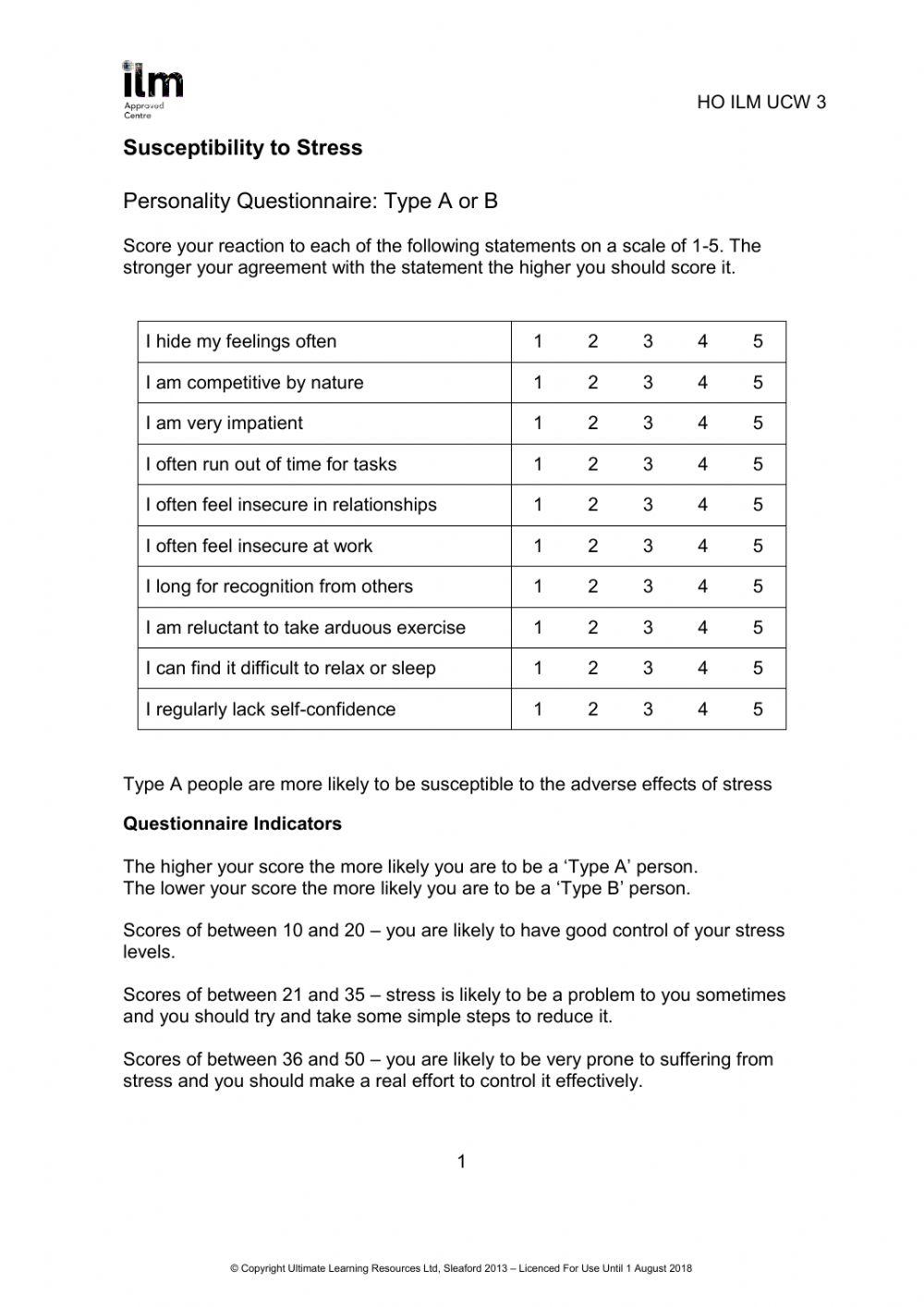 HO ILM UCW 3 - Type A & B Personality Questionnaire