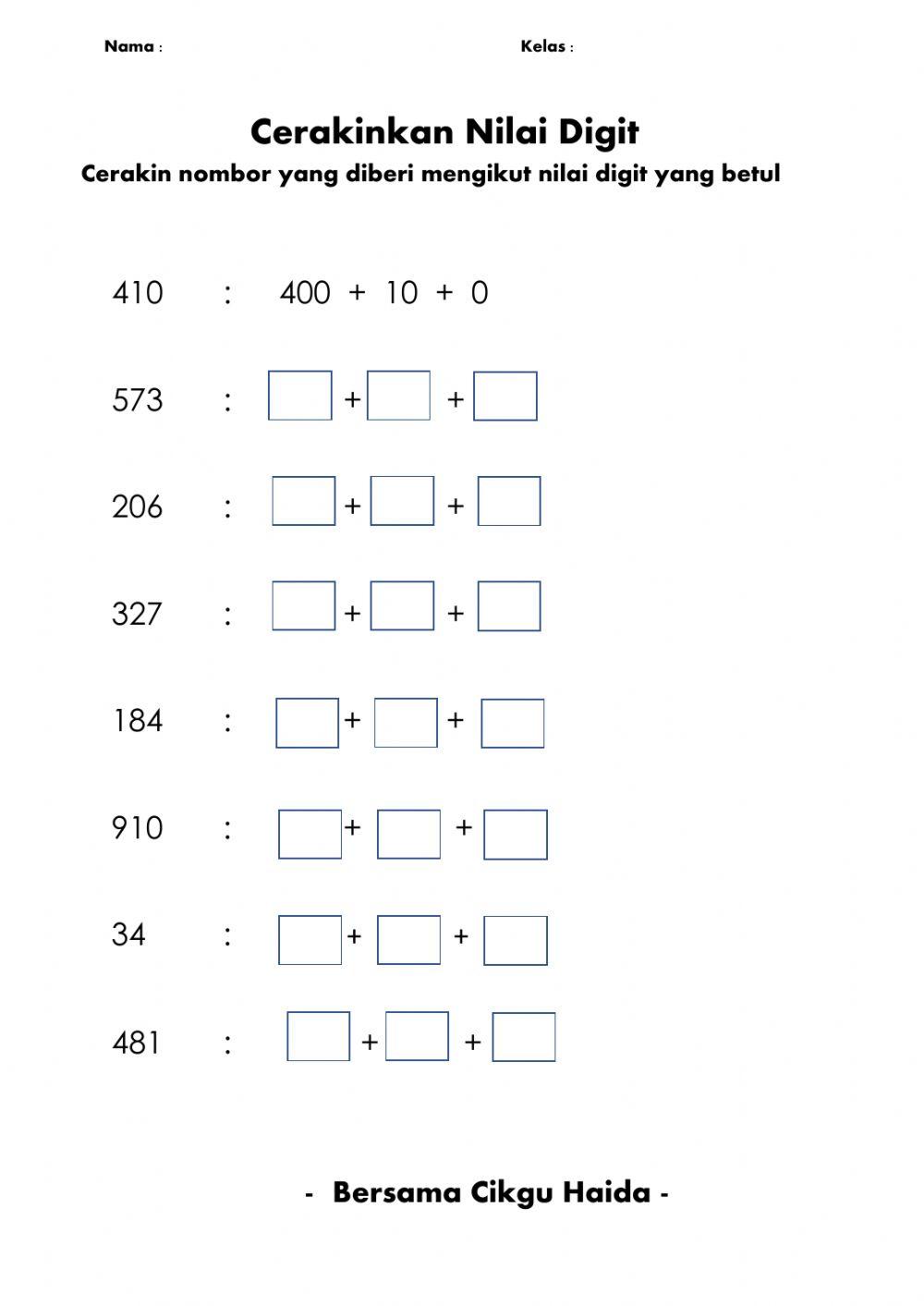 Cerakinkan Ikut Nilai Digit worksheet | Live Worksheets