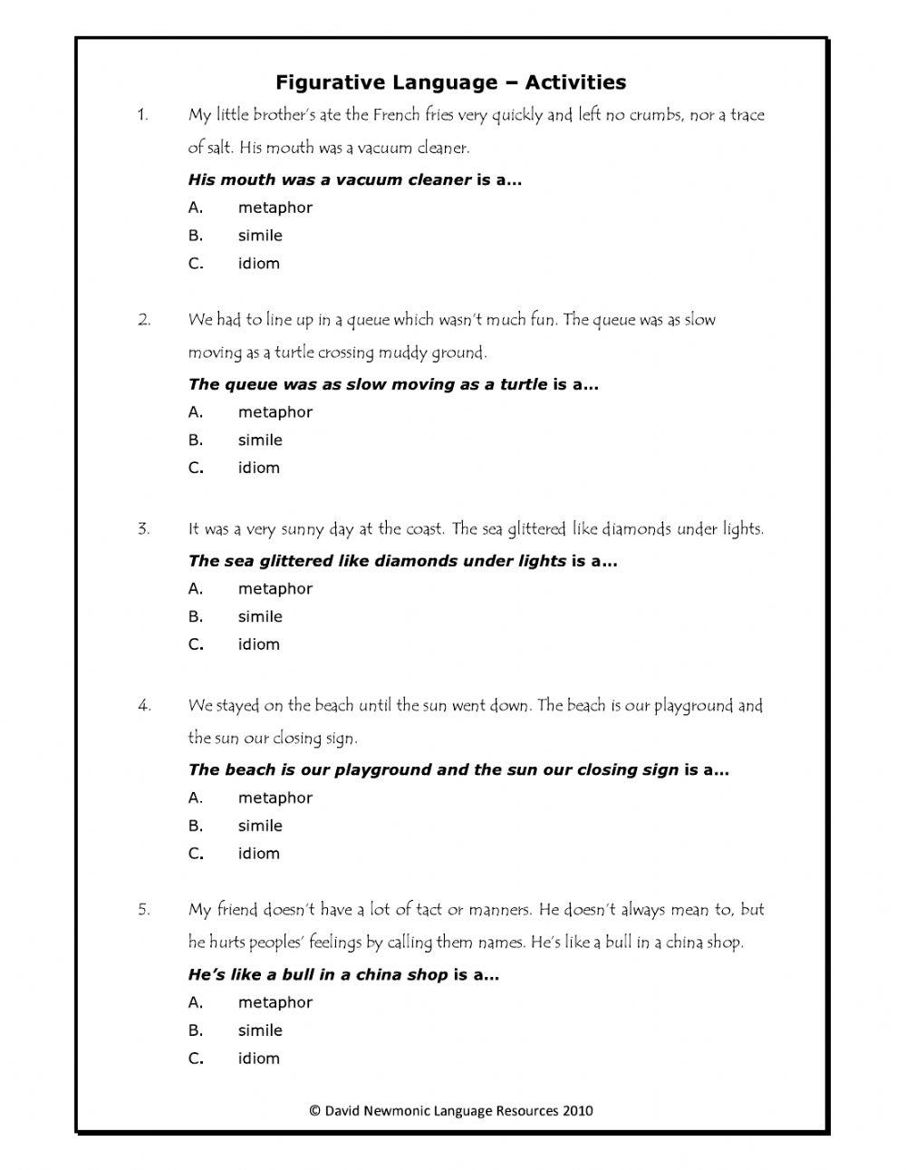 similes and metaphors worksheet