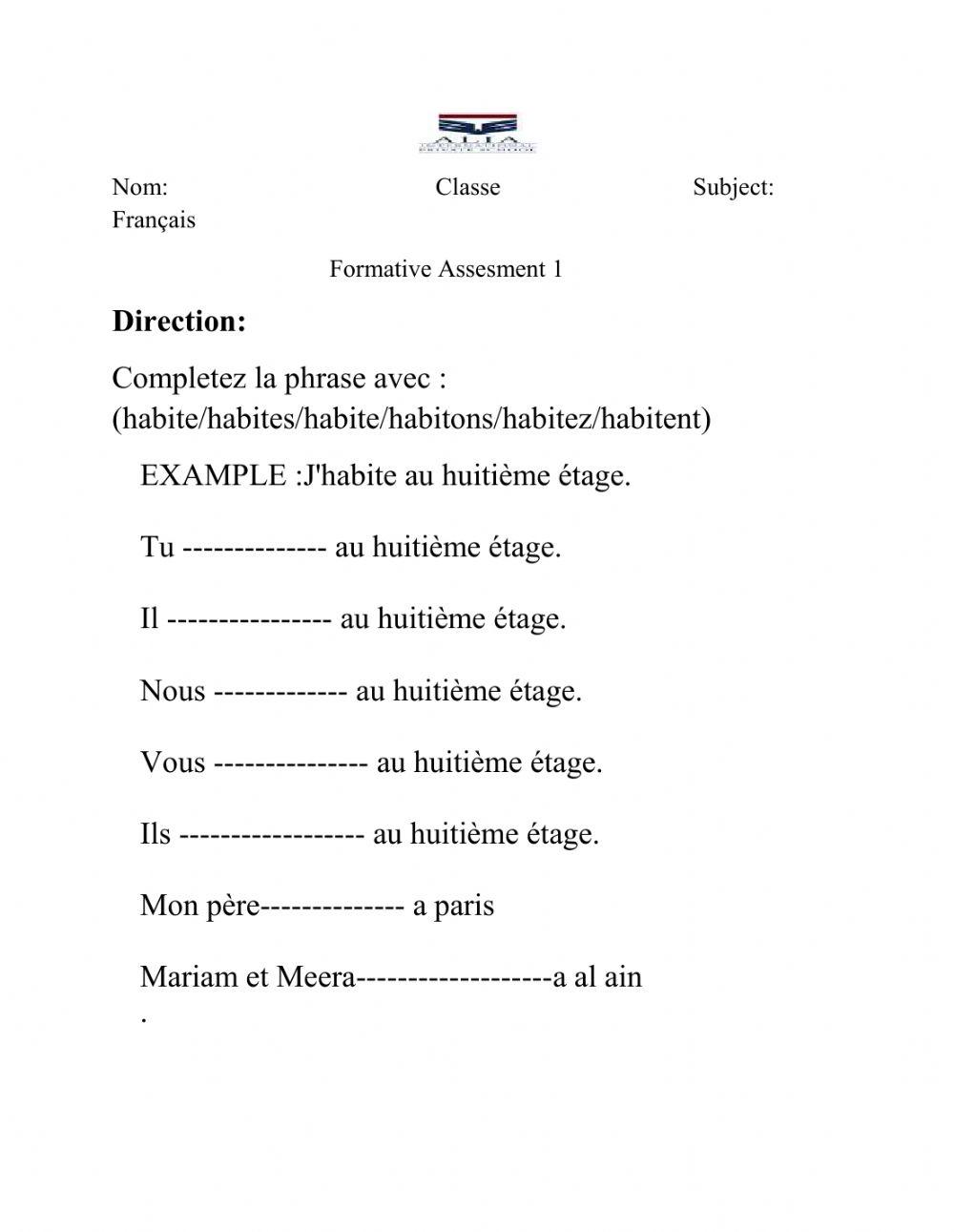 le verbe habiter online exercise for | Live Worksheets
