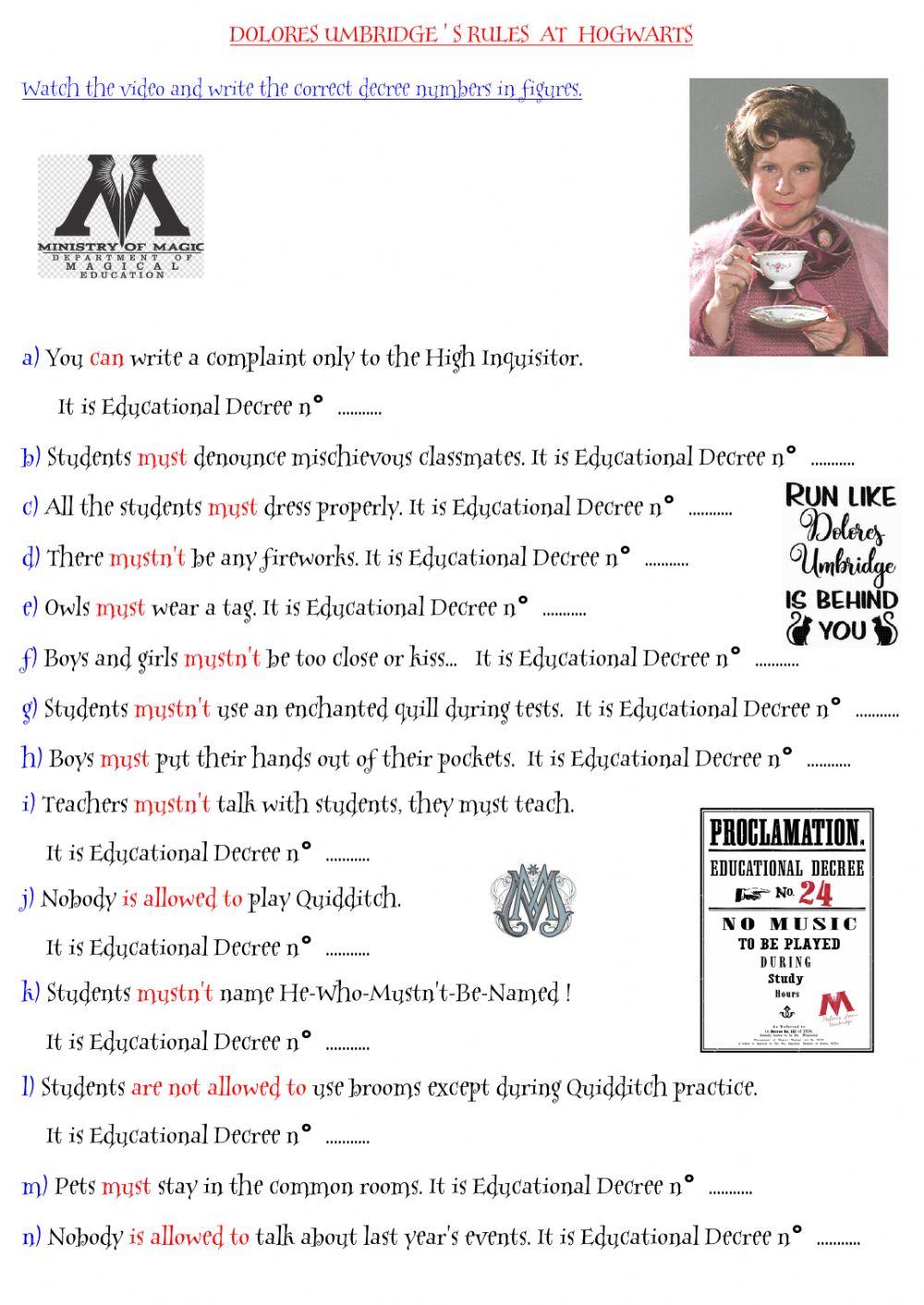 Dolores Umbridge's Rules online exercise for | Live Worksheets