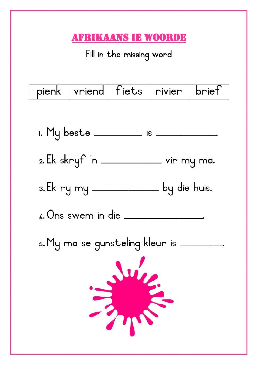 Afrikaans ie words worksheet 3 worksheet | Live Worksheets