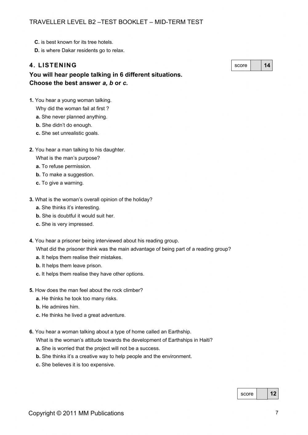 Traveller B2, mid term exam online exercise for | Live Worksheets