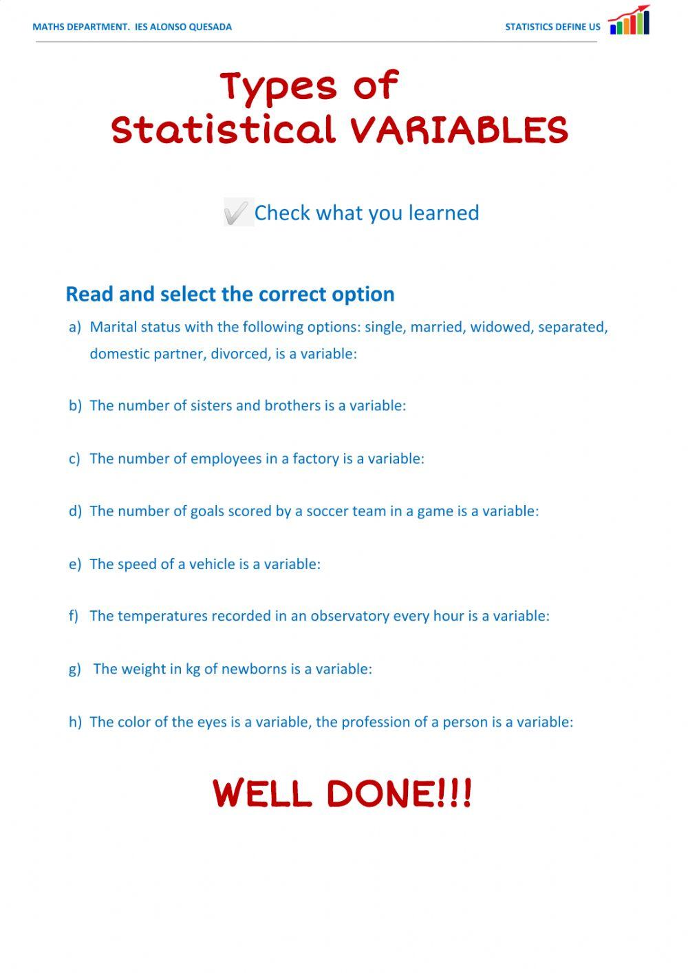 Statistical Variables Online Exercise For Live Worksheets