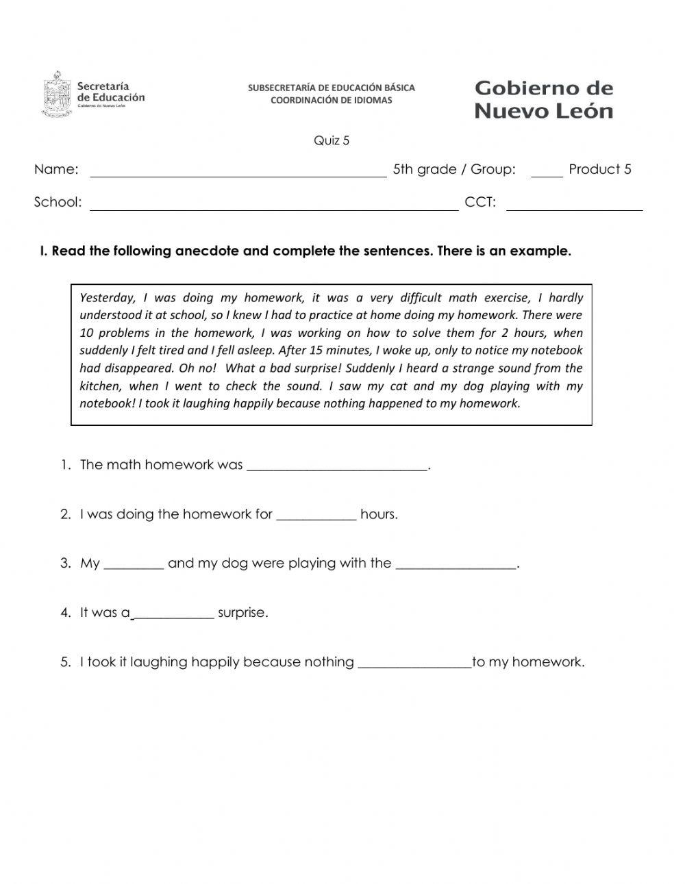 Fifth Grade Quiz P5 worksheet | Live Worksheets
