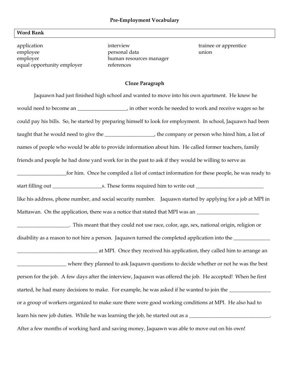 Pre Employment … | Free Interactive Worksheets | 662404