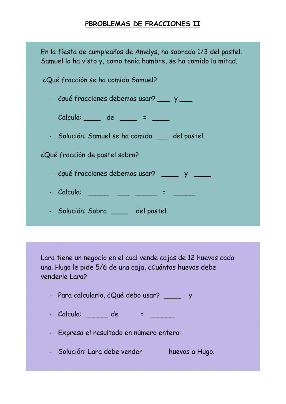 Problemas con fracciones II worksheet | Live Worksheets