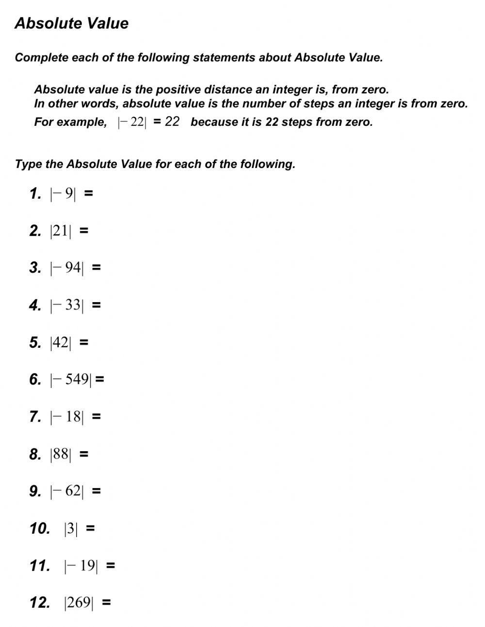 Absolute Value | Free Interactive Worksheets | 6381397