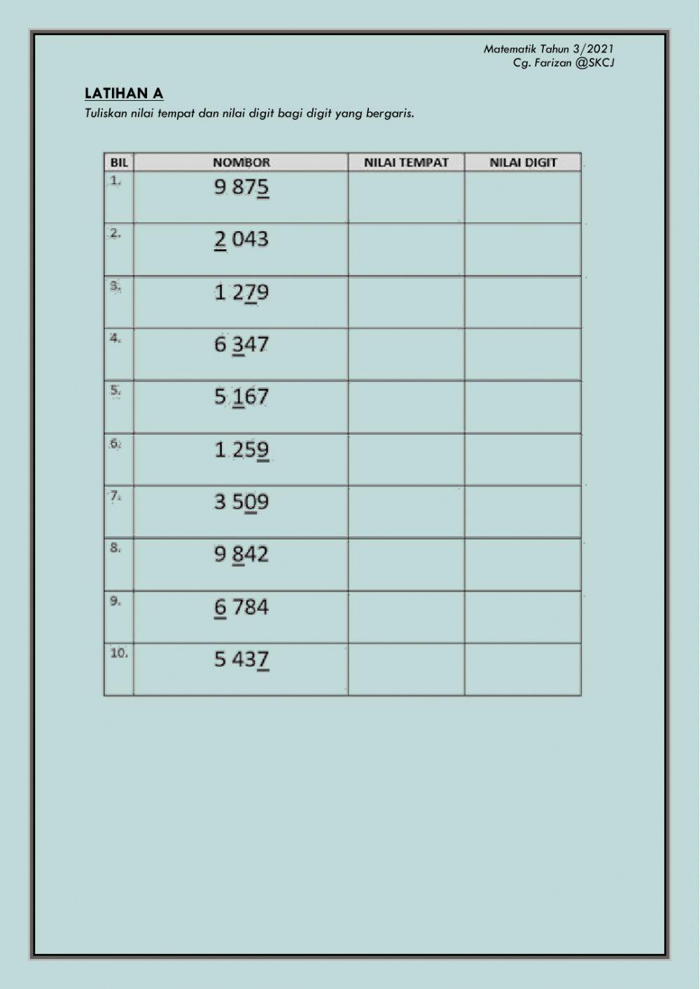Matematik Tahun 3 : Nilai Tempat dan Nilai Digit 4651623