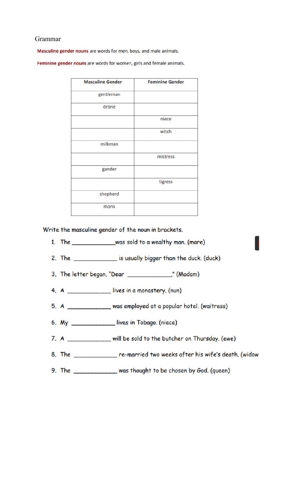 Masculine And Feminine Gender Nouns Worksheet Live, 45% OFF