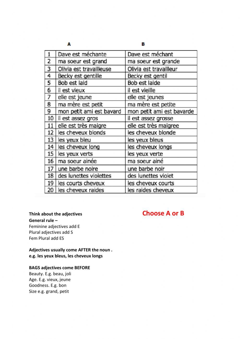 Adj choose a or b worksheet | Live Worksheets