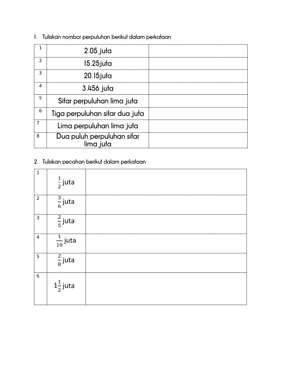 Pecahan dan perpuluhan juta worksheet | Live Worksheets