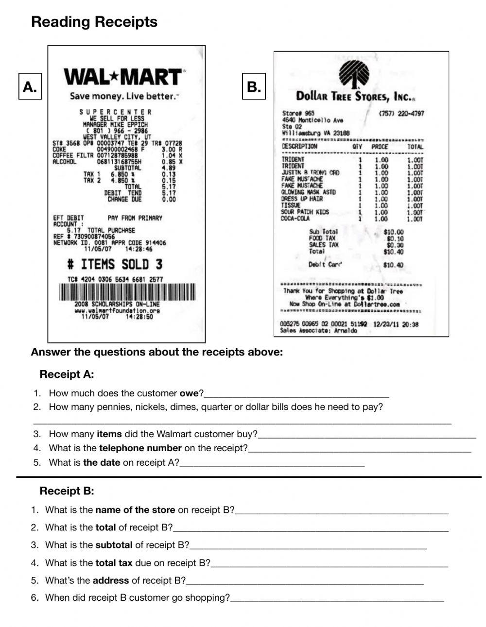 Money- RC- Receipts online exercise for | Live Worksheets