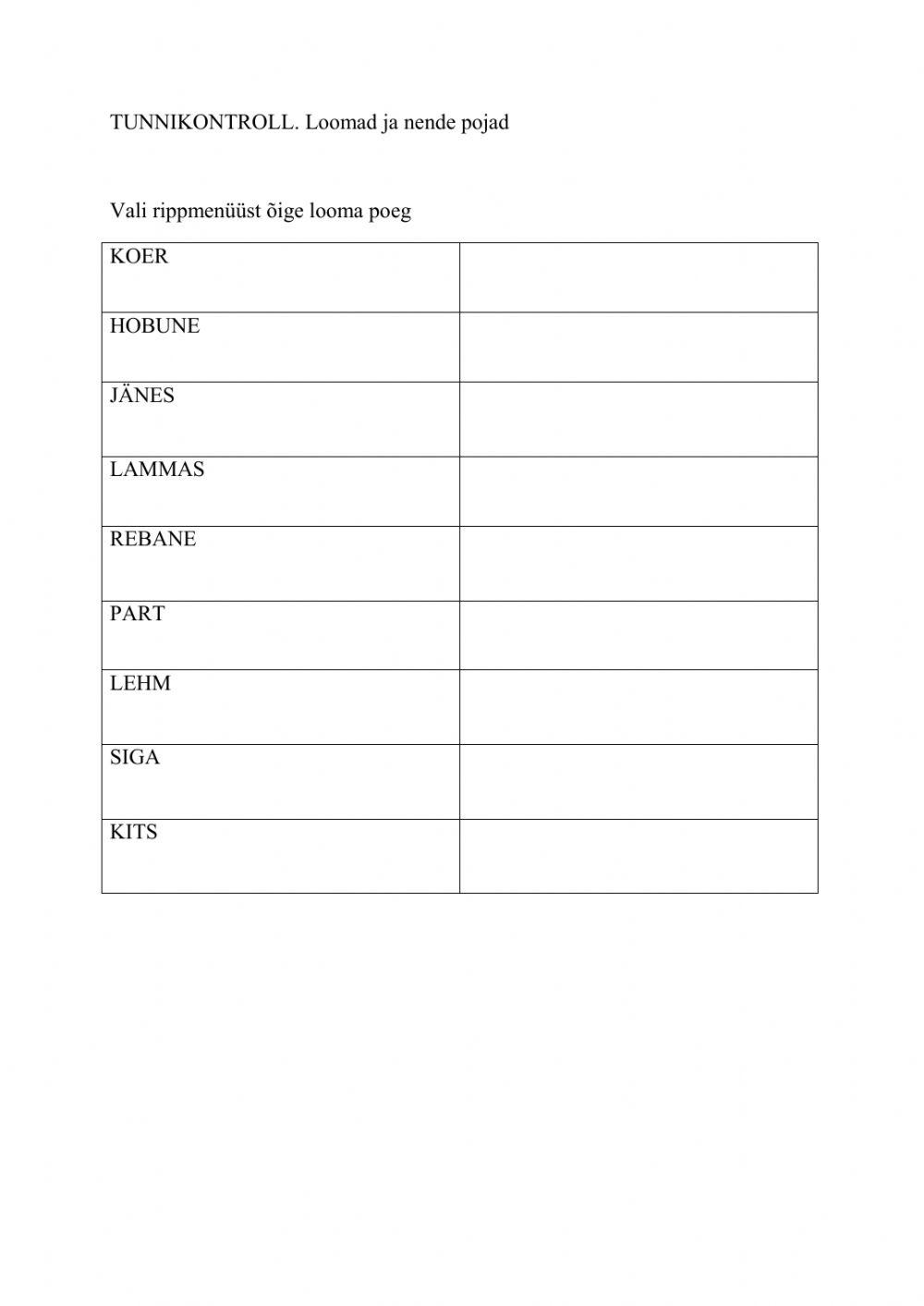Loomad ja nende pojad worksheet | Live Worksheets