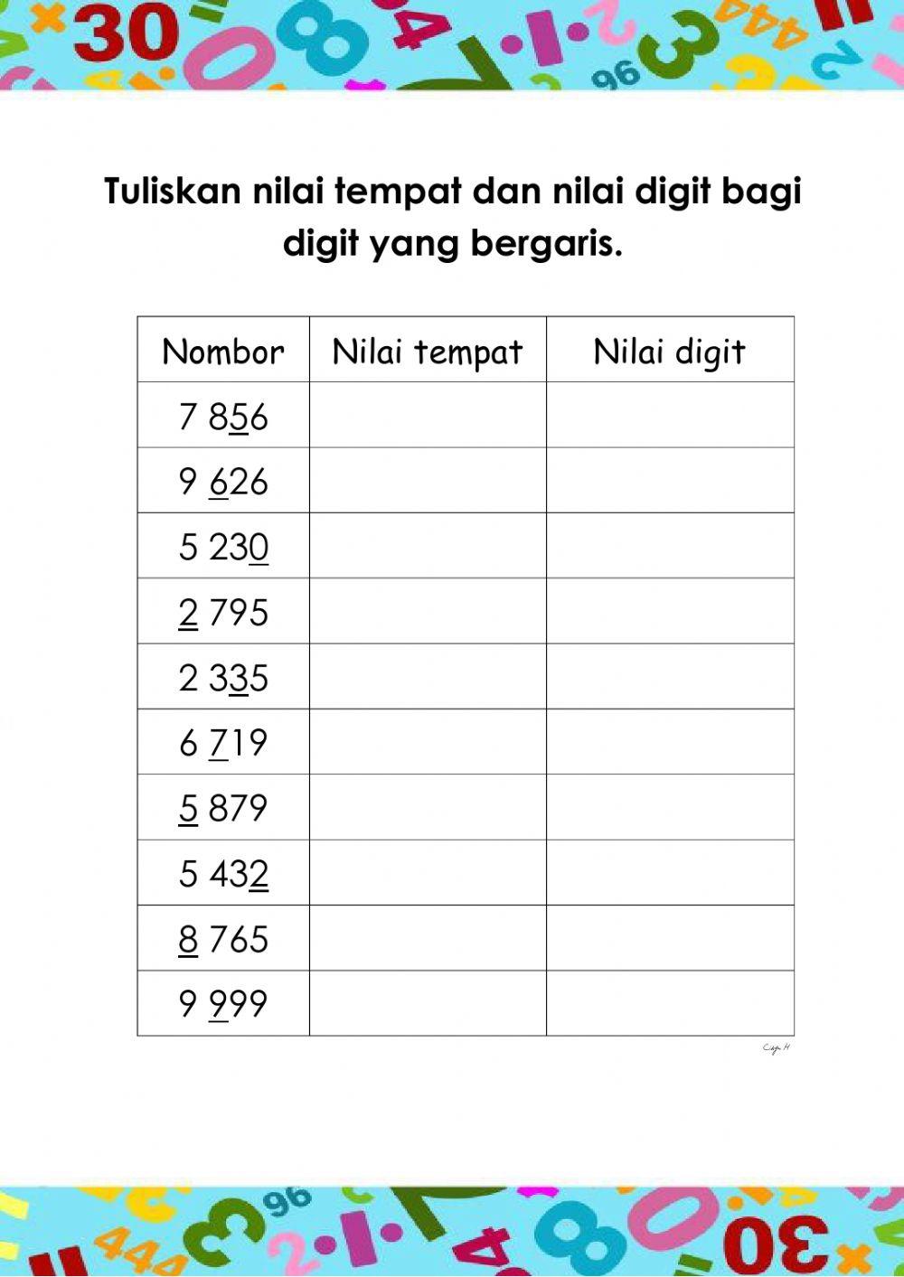 Menyatakan nilai tempat dan nilai digit bagi sebarang nombor. worksheet ...