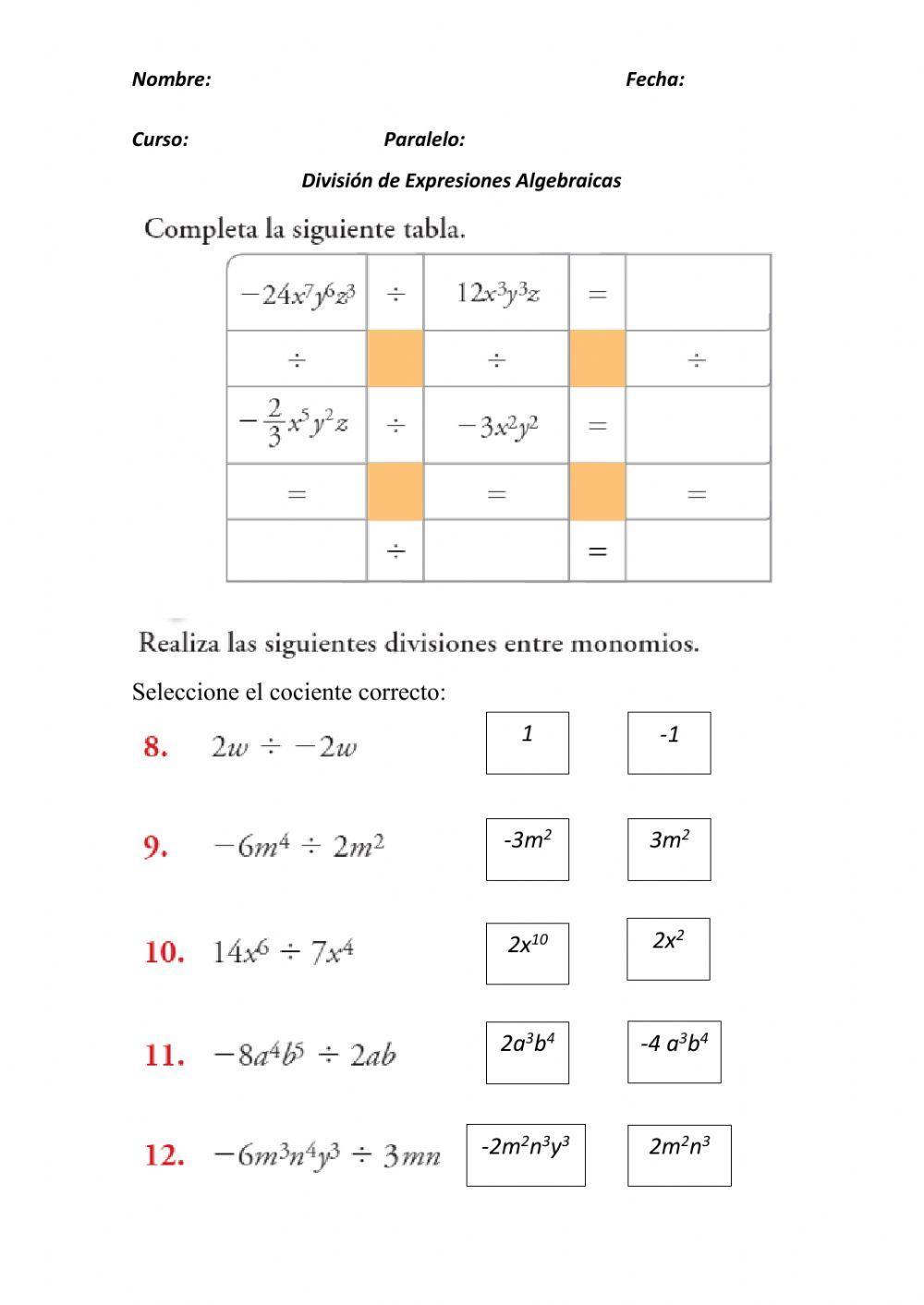 Hoja De Trabajo De División De Monomios En Formato Pdf División De