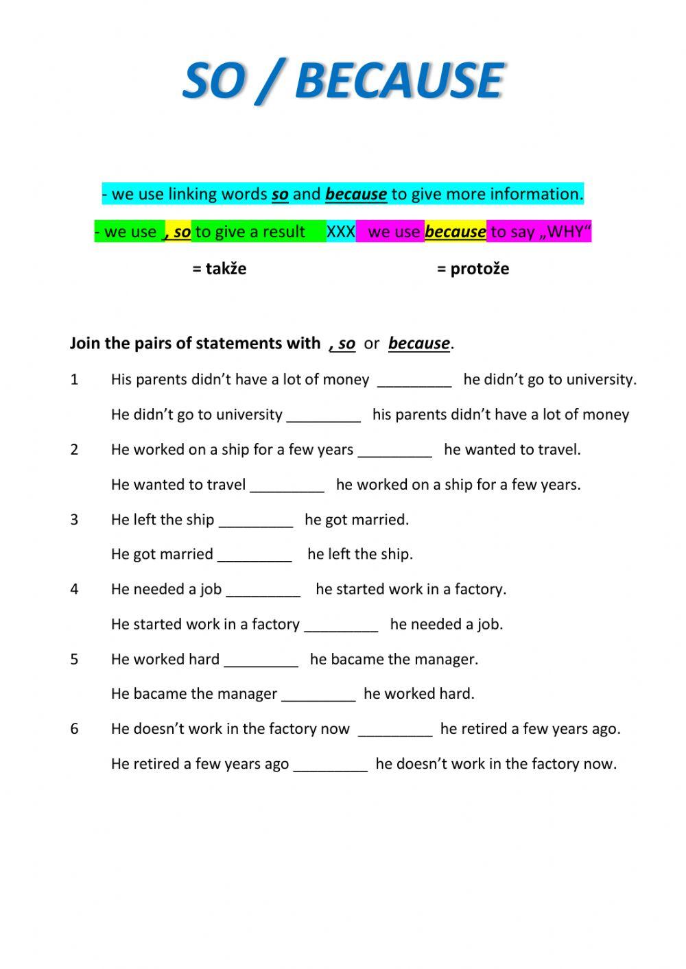 SO or BECAUSE | Free Interactive Worksheets | 669698