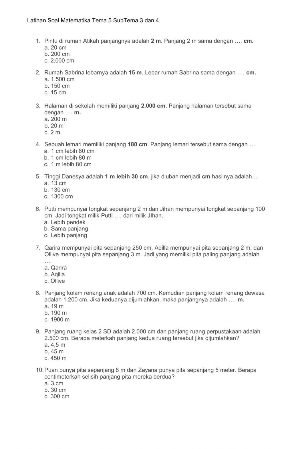 Latihan Tematik MTK soal cerita T5S3,4 worksheet | Live Worksheets