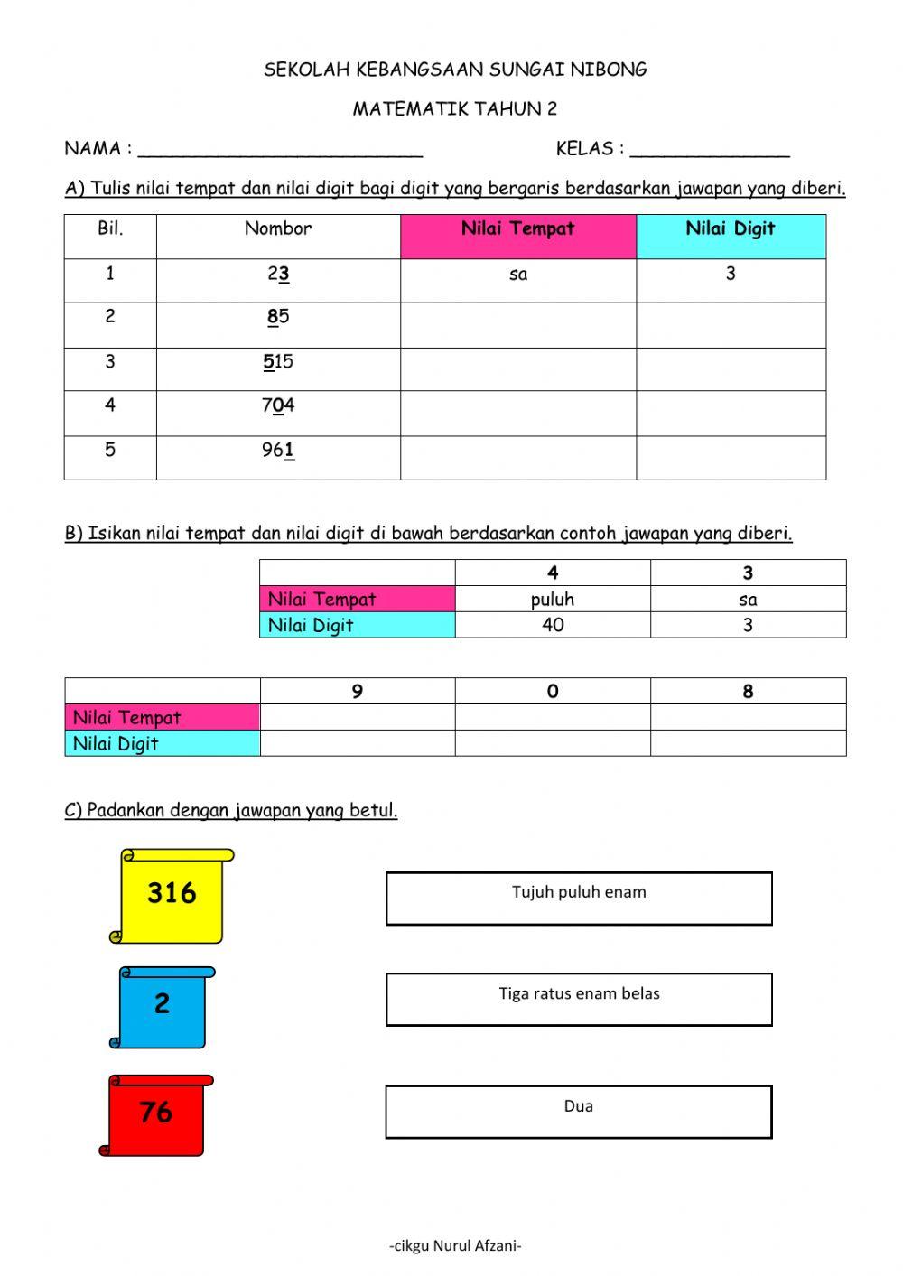 Nilai Tempat dan Nilai Digit interactive exercise | Live Worksheets