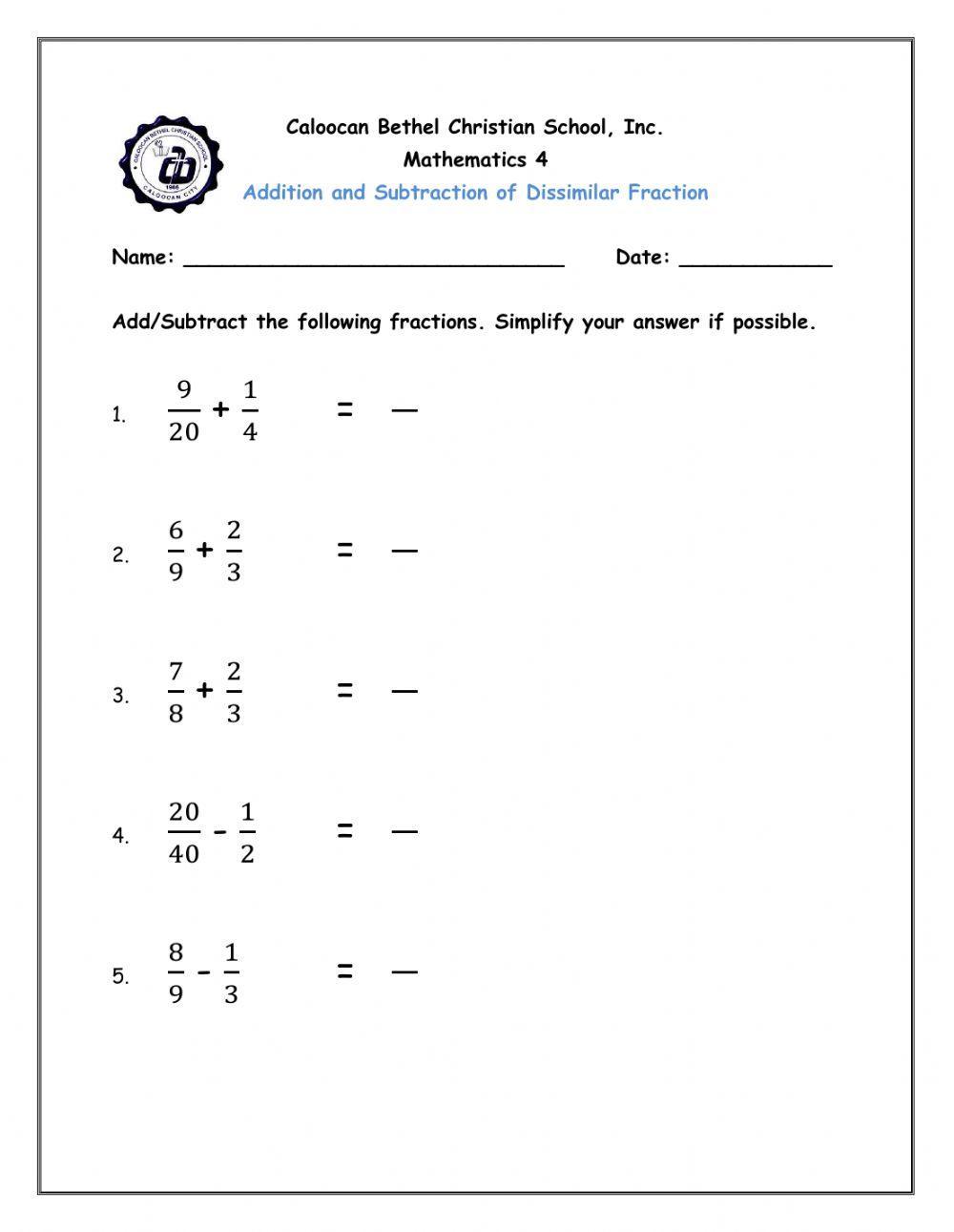 addition-and-subtraction-of-dissimilar-fraction-worksheet-live-worksheets