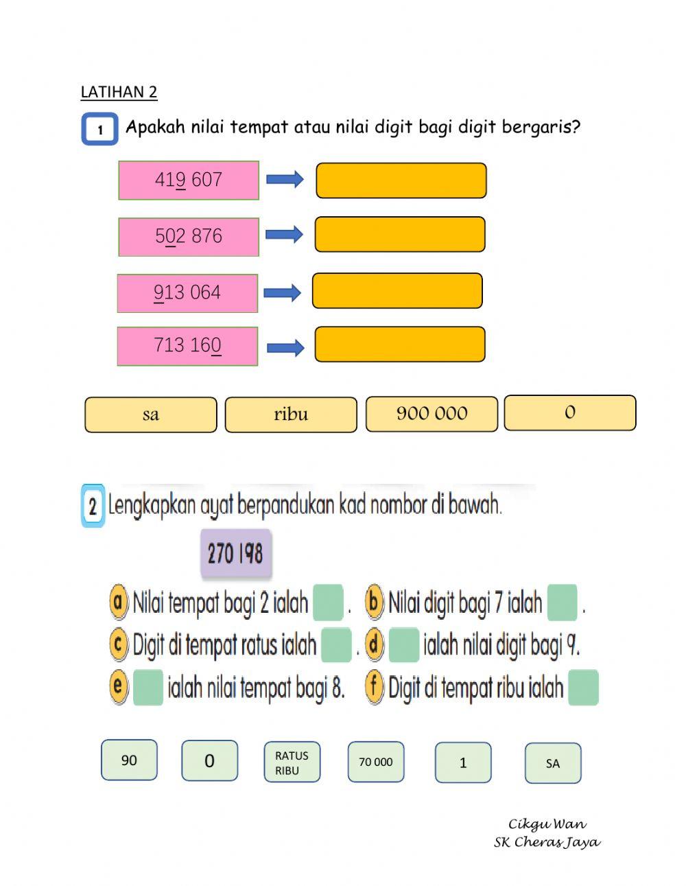 NILAI TEMPAT DAN NILAI DIGIT online exercise for | Live Worksheets