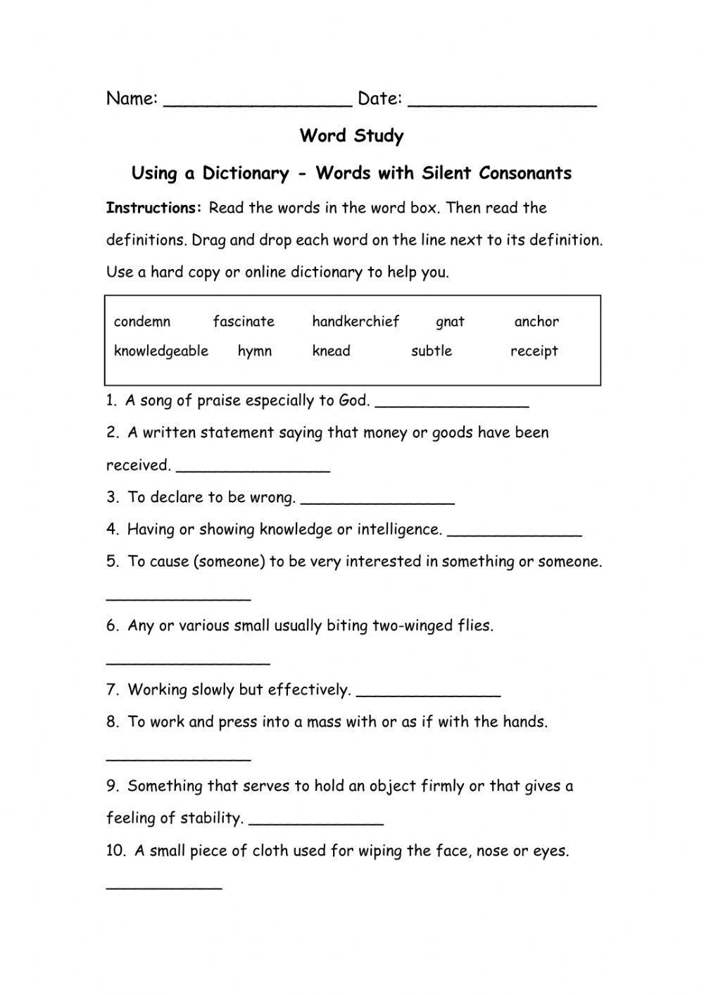 dictionary work for year 3