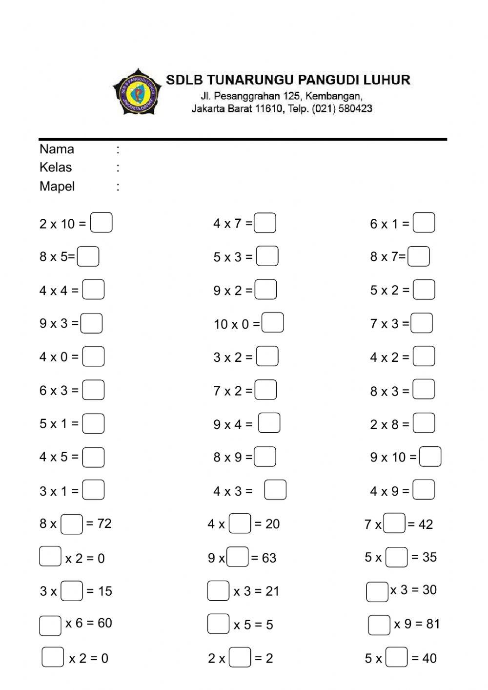 Perkalian di bawah 100 worksheet | Live Worksheets