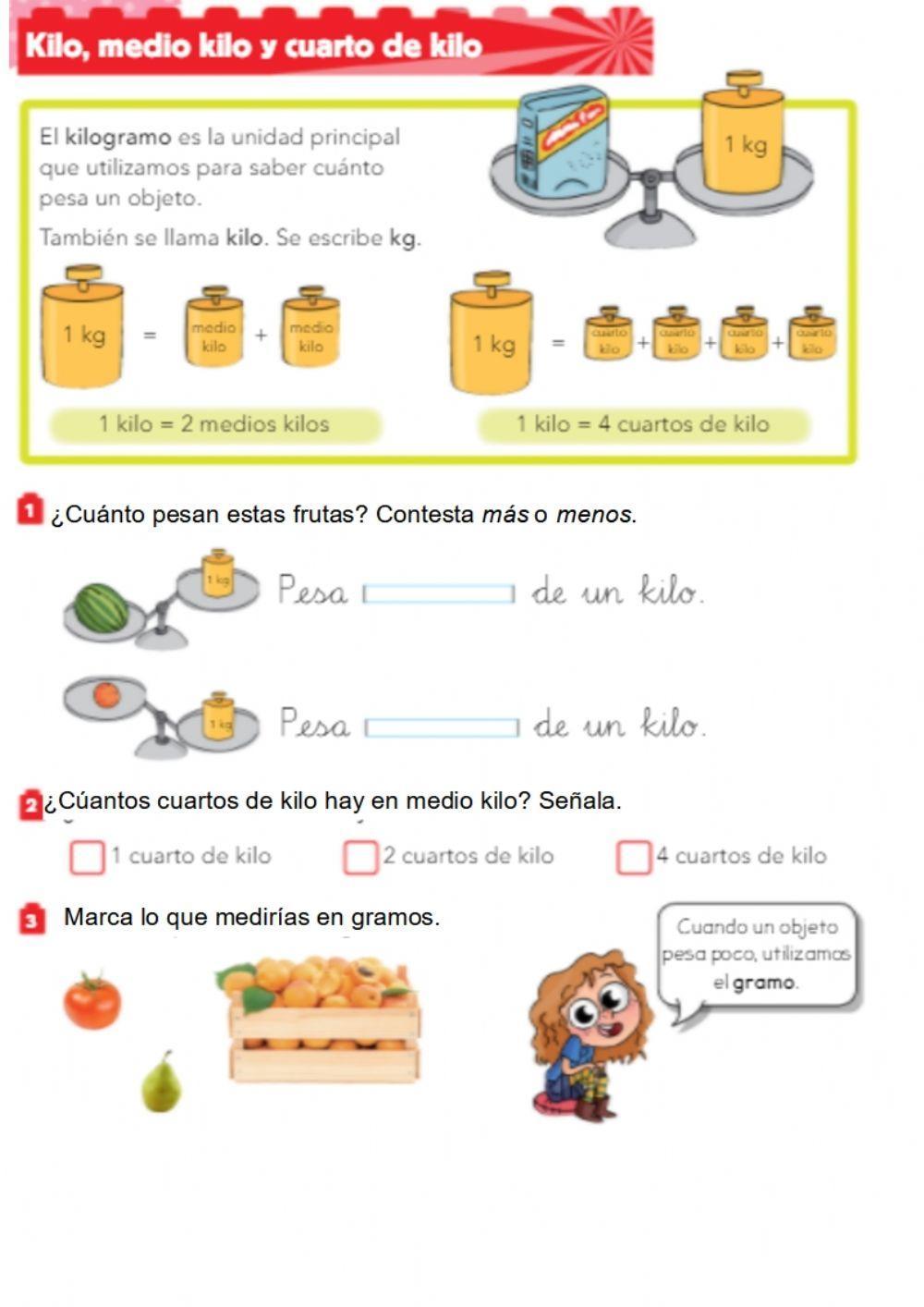 Kilo, medio kilo y cuarto de kilo | Live Worksheets