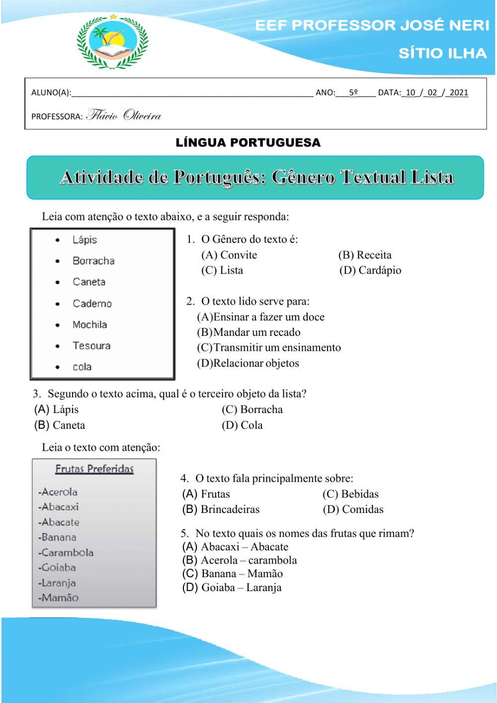 Atividade gênero textual lista 2 worksheet | Live Worksheets