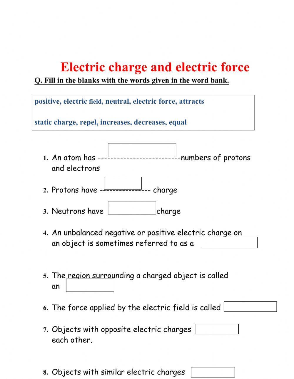 Electric charge | Free Interactive Worksheets | 613479