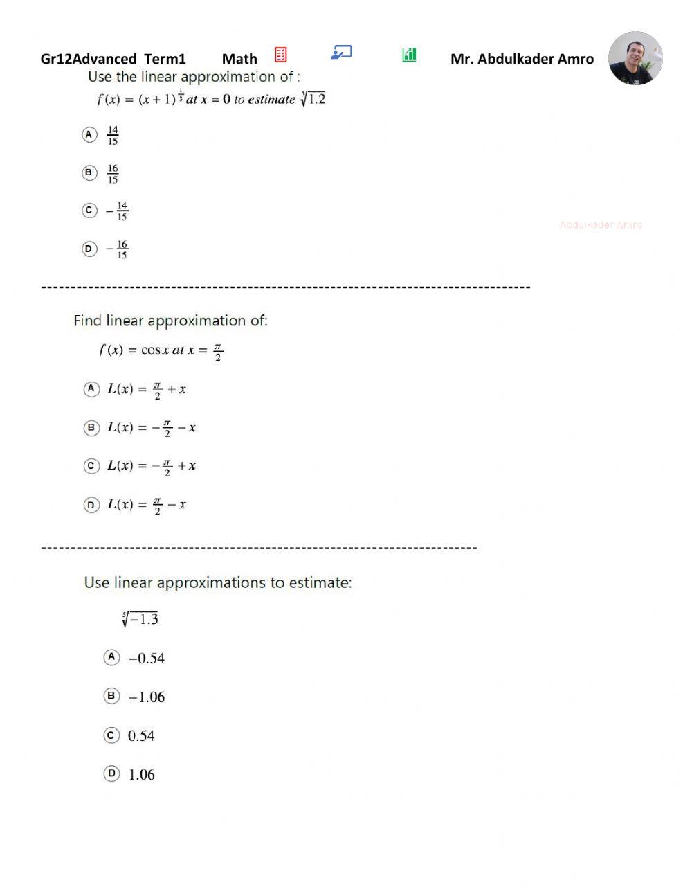 Linear Approximation N2 Worksheet | Live Worksheets