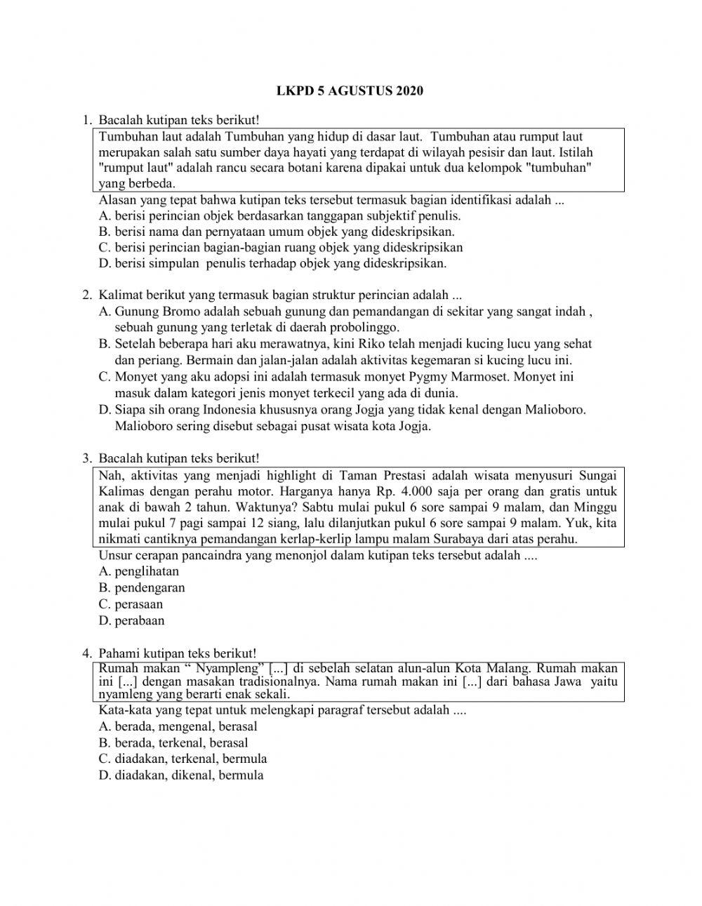 Teks deskripsi-ind worksheet | Live Worksheets