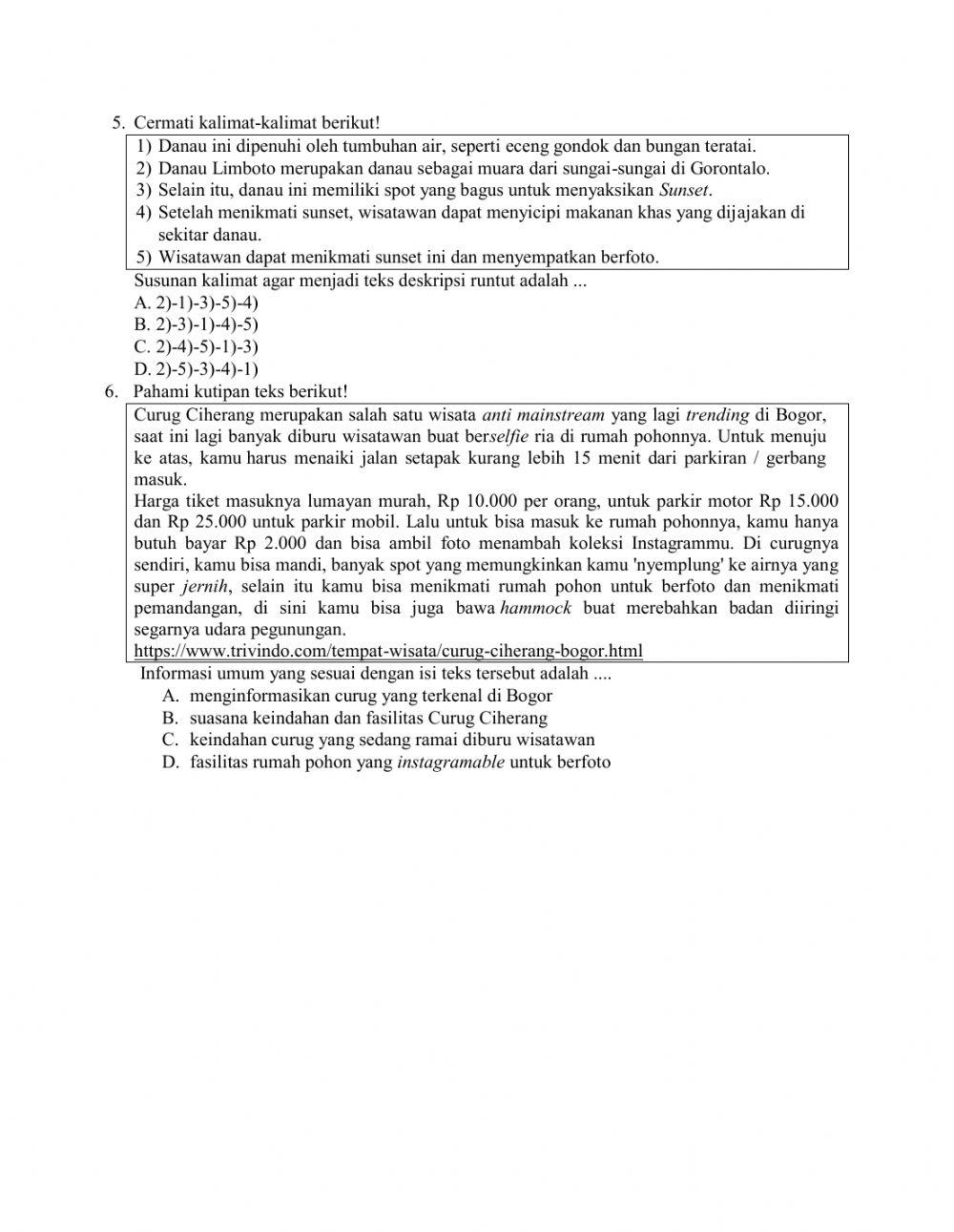 Teks deskripsi-ind worksheet | Live Worksheets