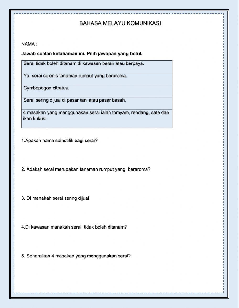 Tanaman herba-serai worksheet | Live Worksheets