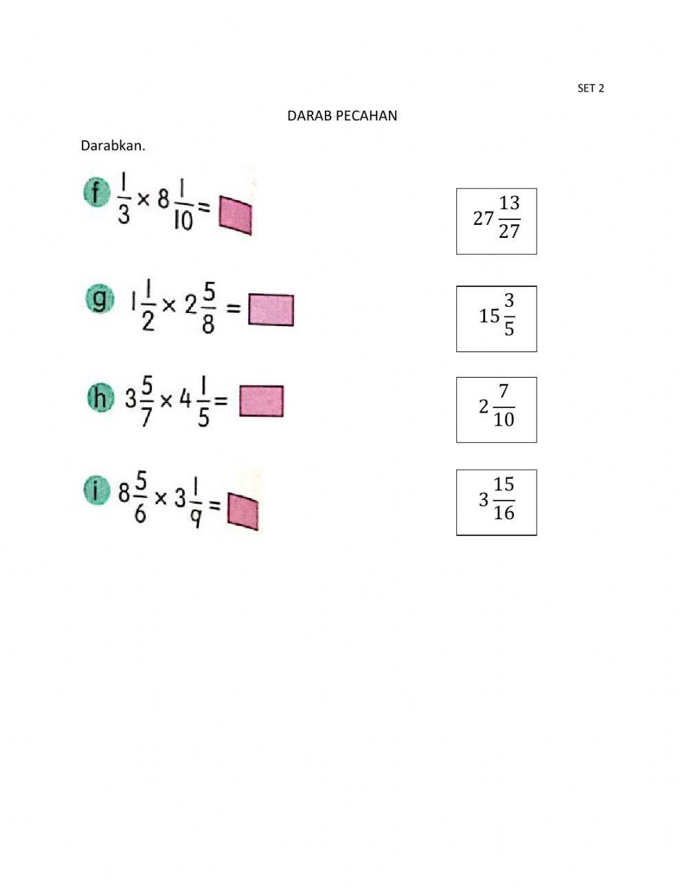 Darab pecahan set 2 worksheet | Live Worksheets