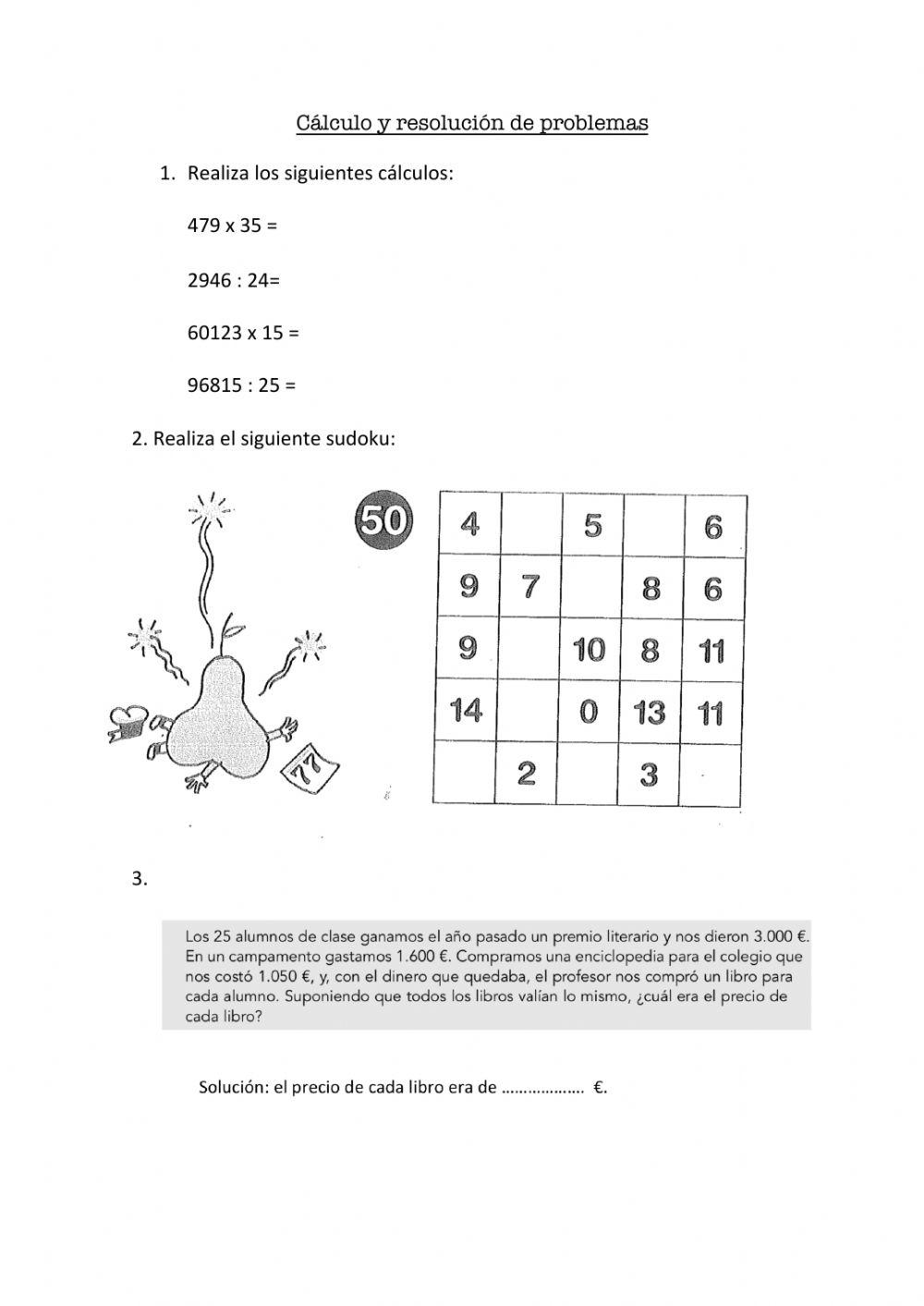 Cálculo y resolución de problemas worksheet | Live Worksheets