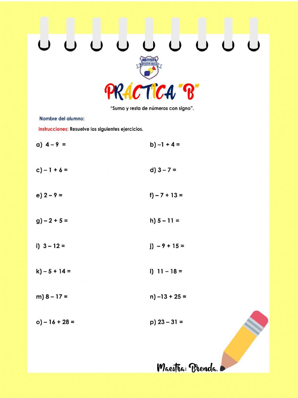 Práctica -B- Suma y resta de números con signo.
