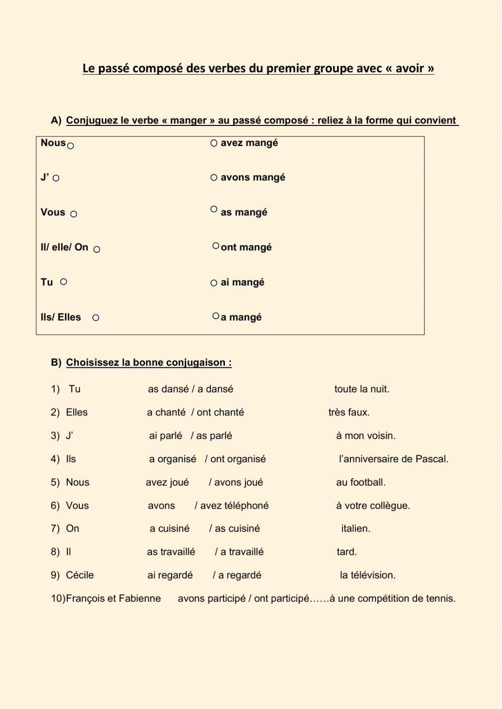 Le Passé Composé Avec Avoir 1er Groupe Worksheet Live Worksheets