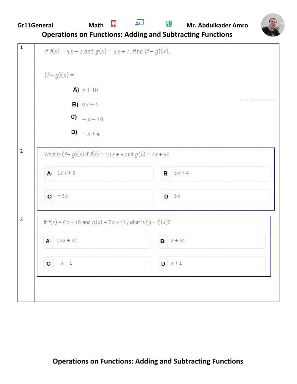 Operations On Functions: Adding And Subtracting Functions Activity